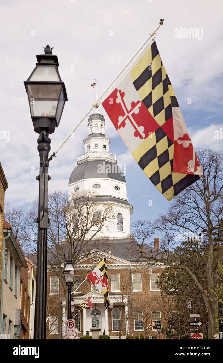 Maryland State Flag and gas lamp in foreground, with Maryland State ...