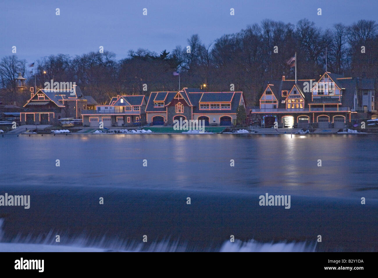 Christmas lights at dusk at the famous fraternity Boat House Row on ...