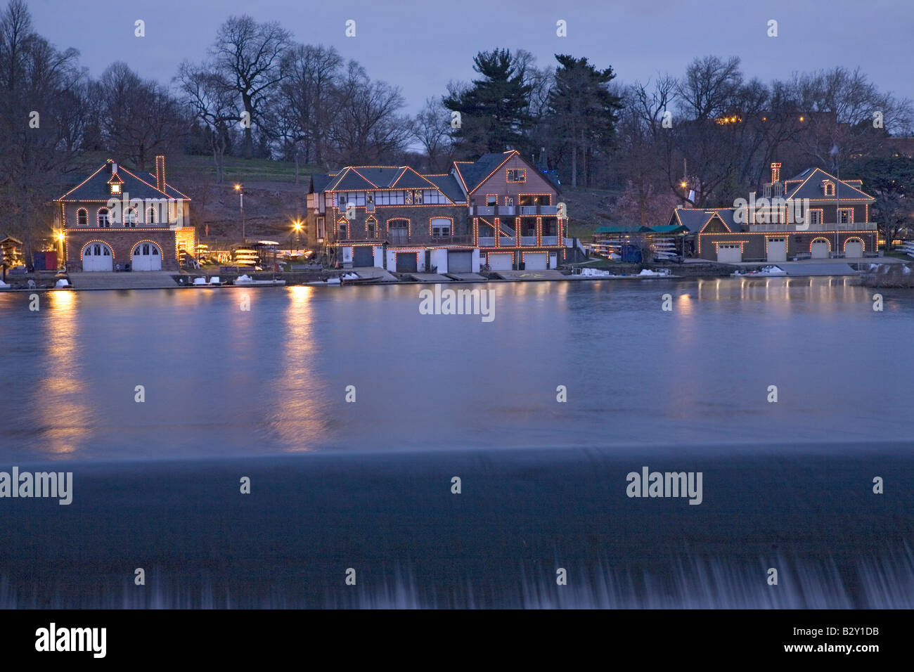 Christmas lights at dusk at the famous fraternity Boat House Row on ...