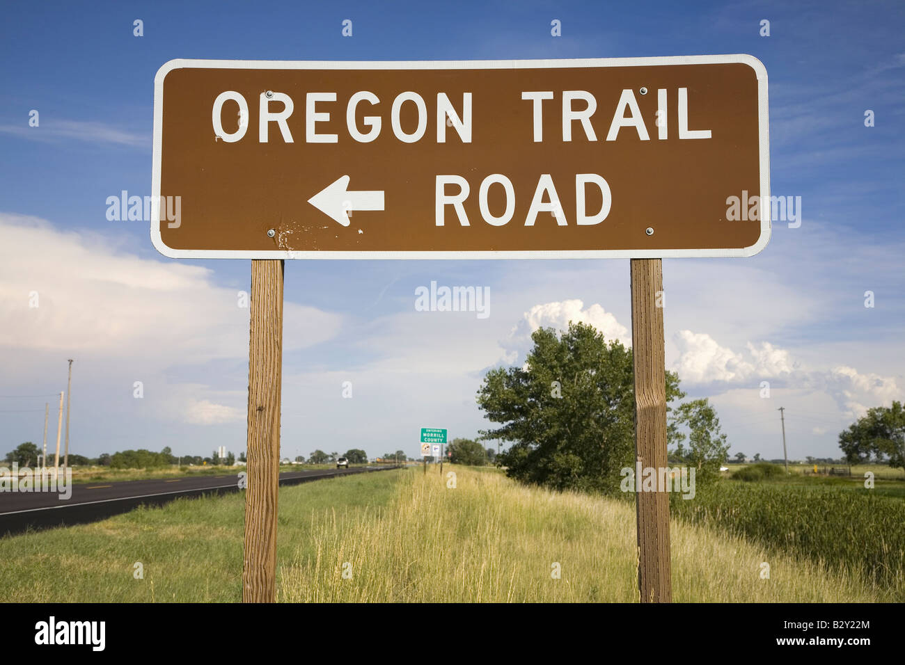 A sign pointing to "Oregon Trail Road" at Scotts Bluff National ...