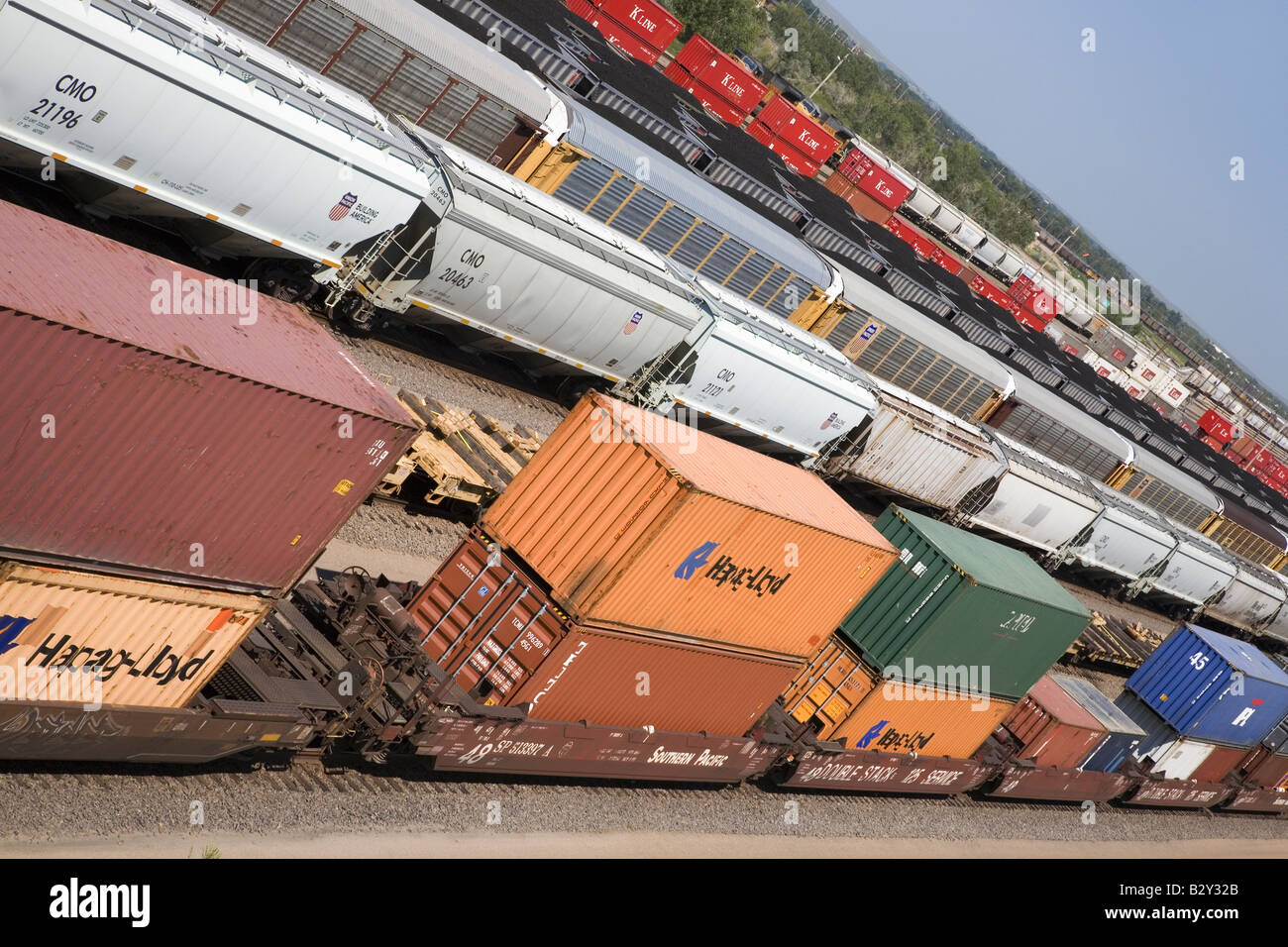 Elevated view of freight cars at Union Pacific's Bailey Railroad Yards ...