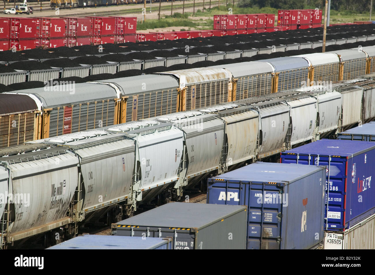 Elevated view of freight cars at Union Pacific's Bailey Railroad Yards ...