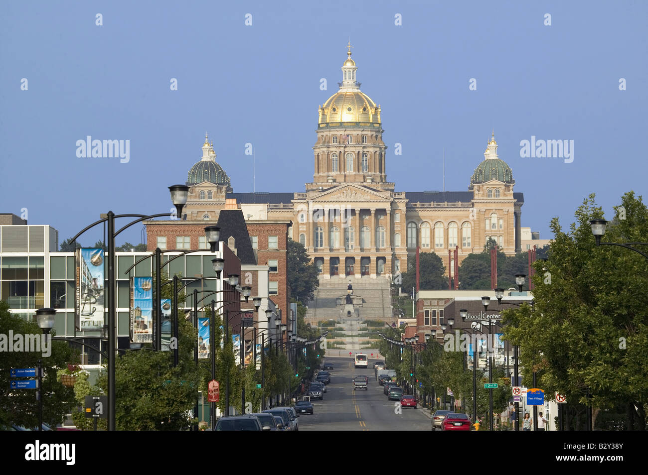Street to golden dome of Iowa State Capital building, Des Moines, Iowa ...