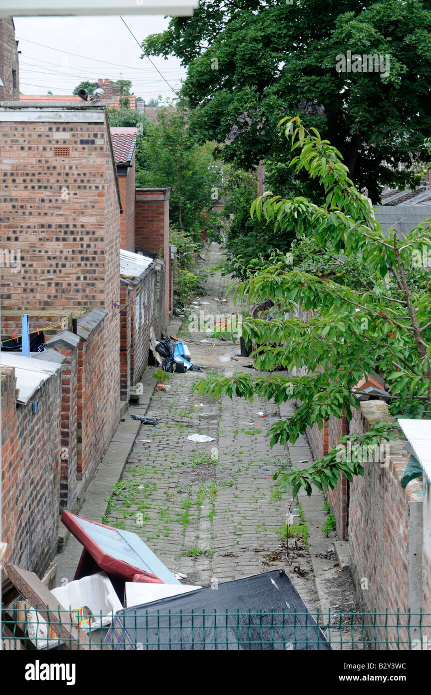 Urban mess, fly tipped rubbish dumped in a terrace back ally ...