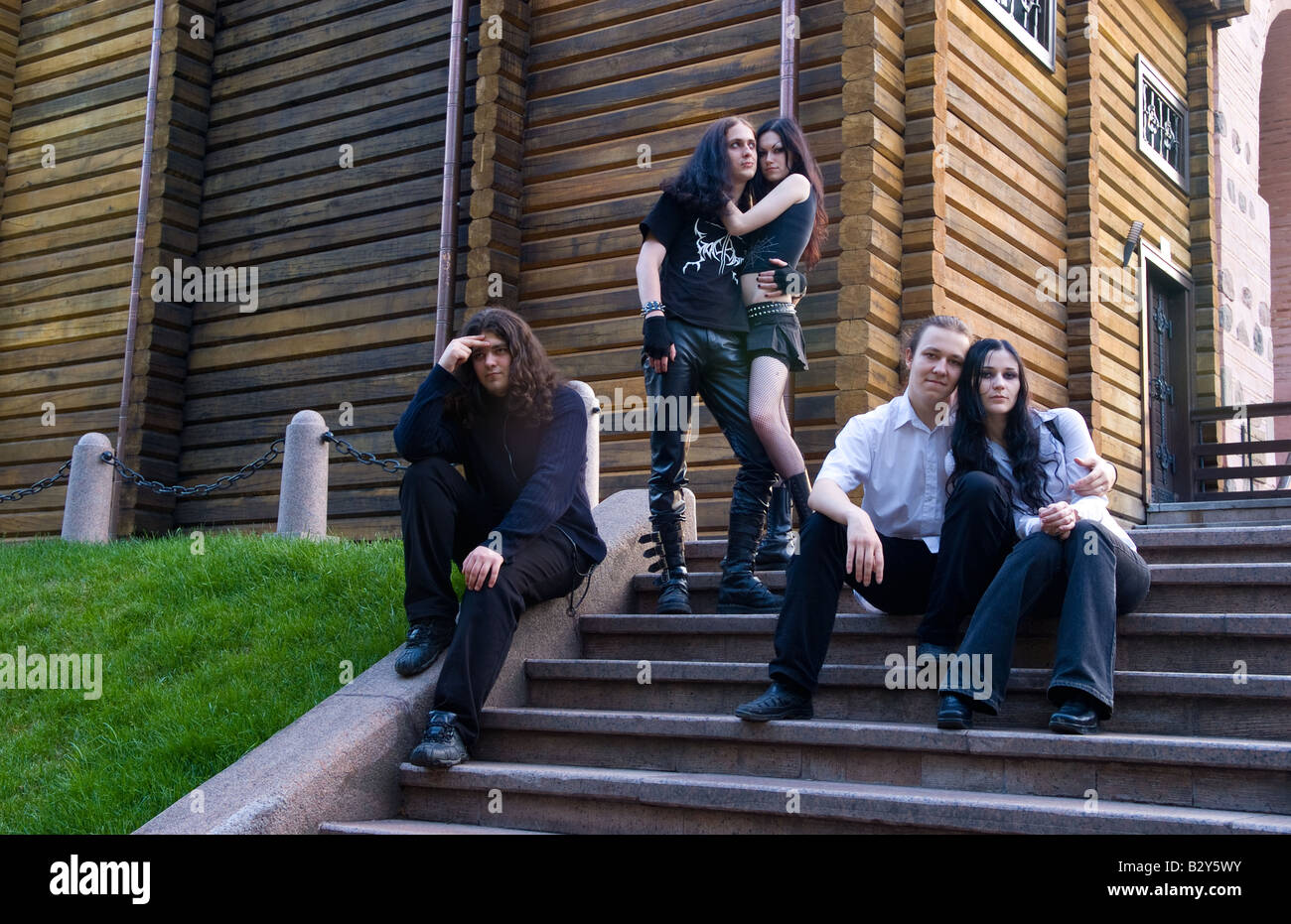 The Gothic life of teenagers in black dress at metro on steps in Kiev ...