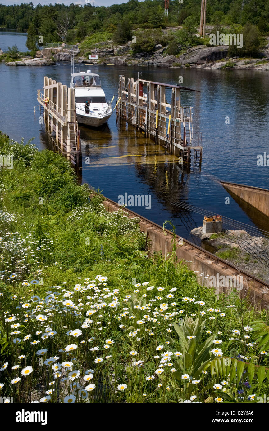 Marine railway boat carriage and motor launch at Big Chute, Ontario ...