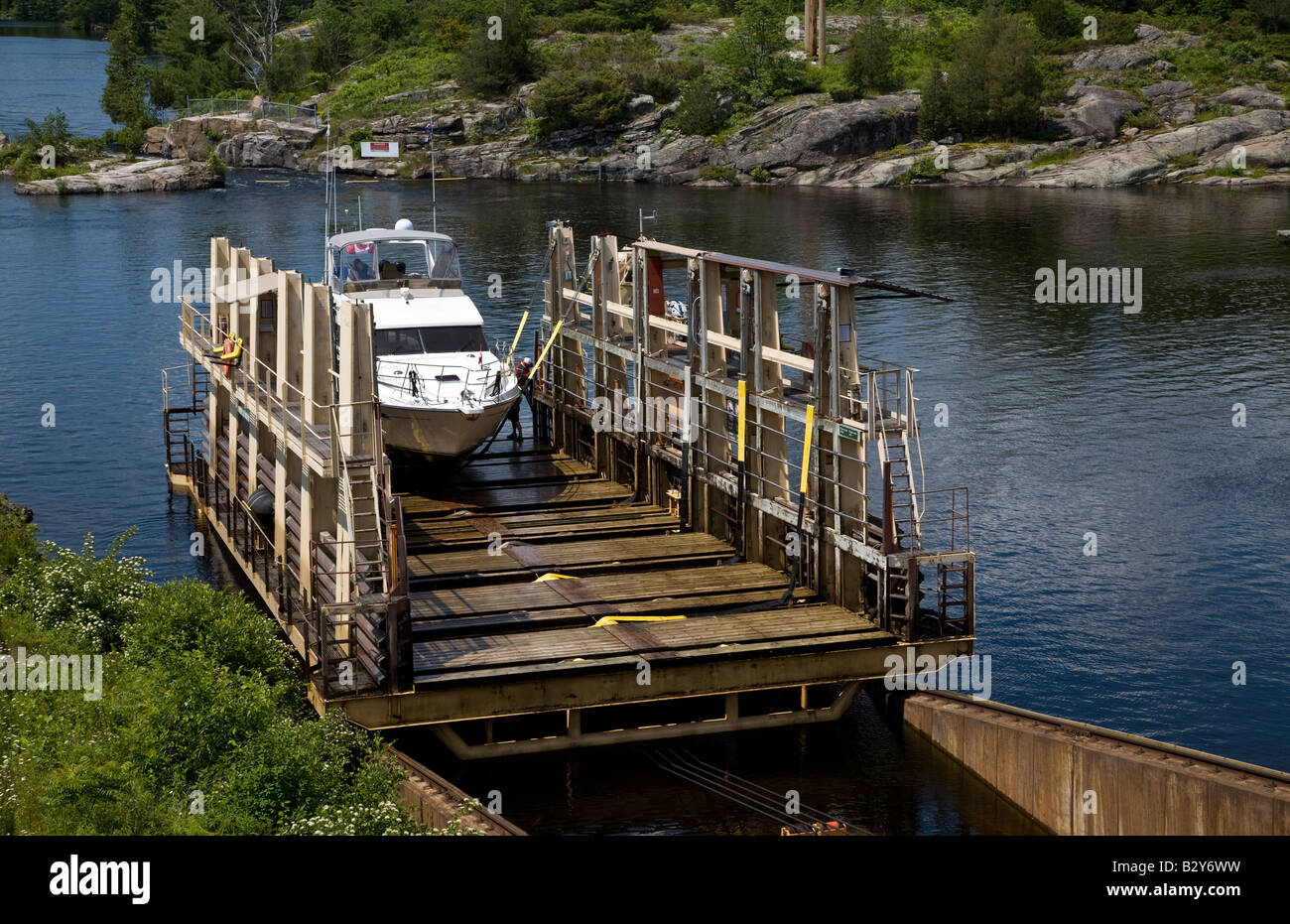 Marine railway boat carriage and motor launch at Big Chute, Ontario ...
