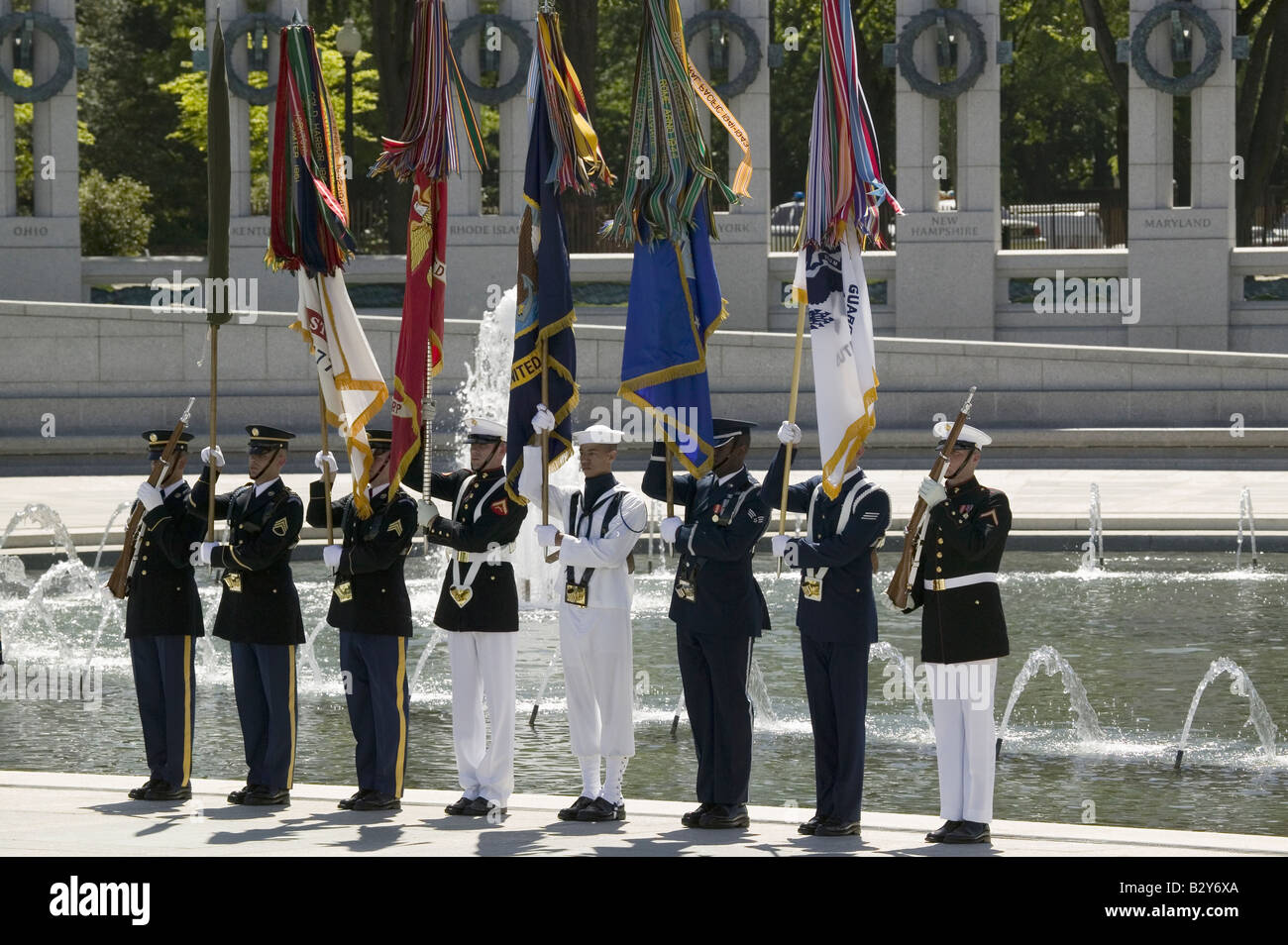 Full military ceremonial flags in front of National World War II ...