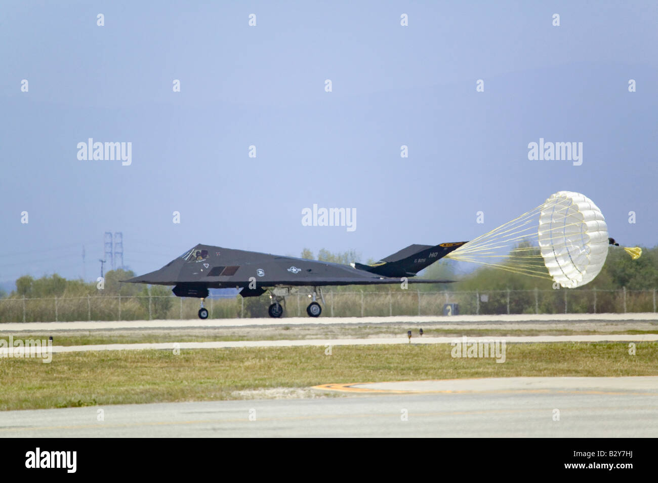 F-117A Nighthawk Stealth Jet Fighter flying over the 42nd Naval Base ...