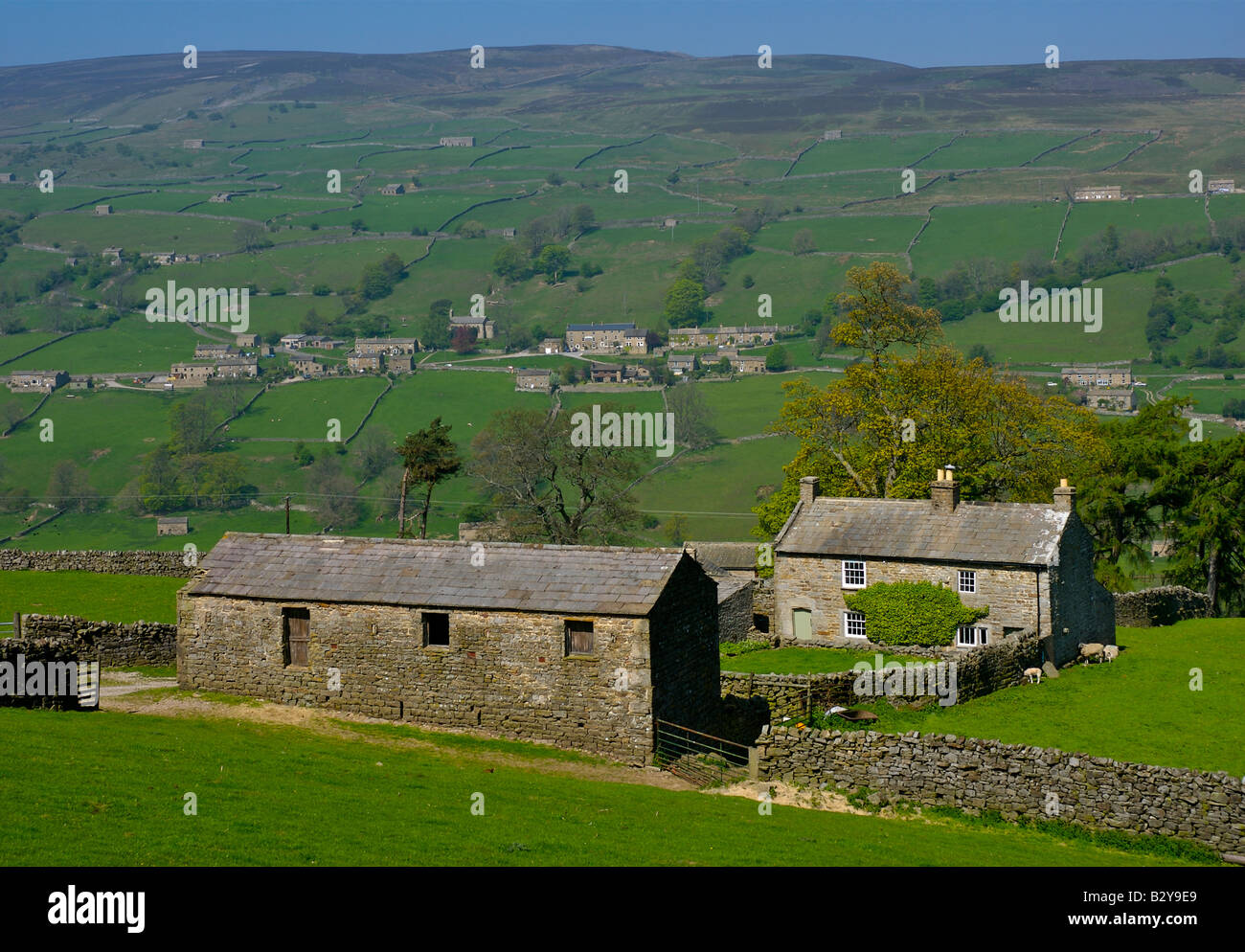 Farmhouse in Swaledale, with the village of Low Row in the distance ...