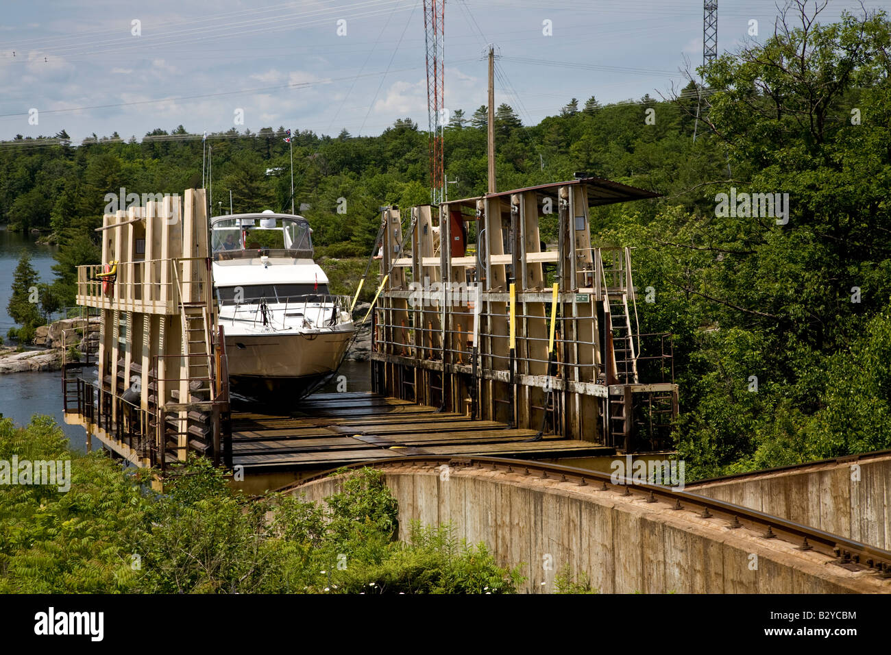 Marine railway boat carriage and track with motor launch at Big Chute ...