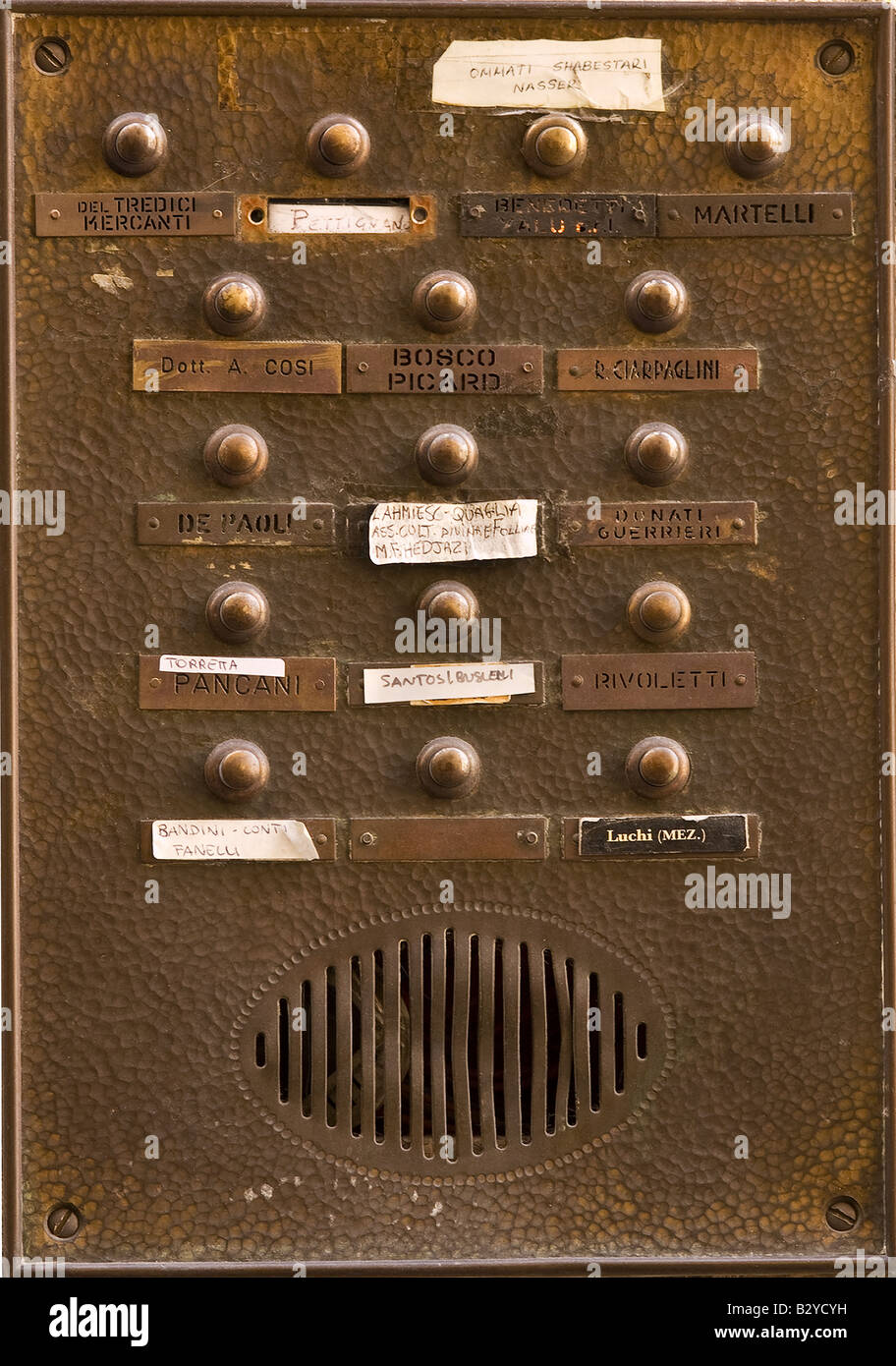 Intercom at the entrance to an appartment block, Florence, Tuscany ...