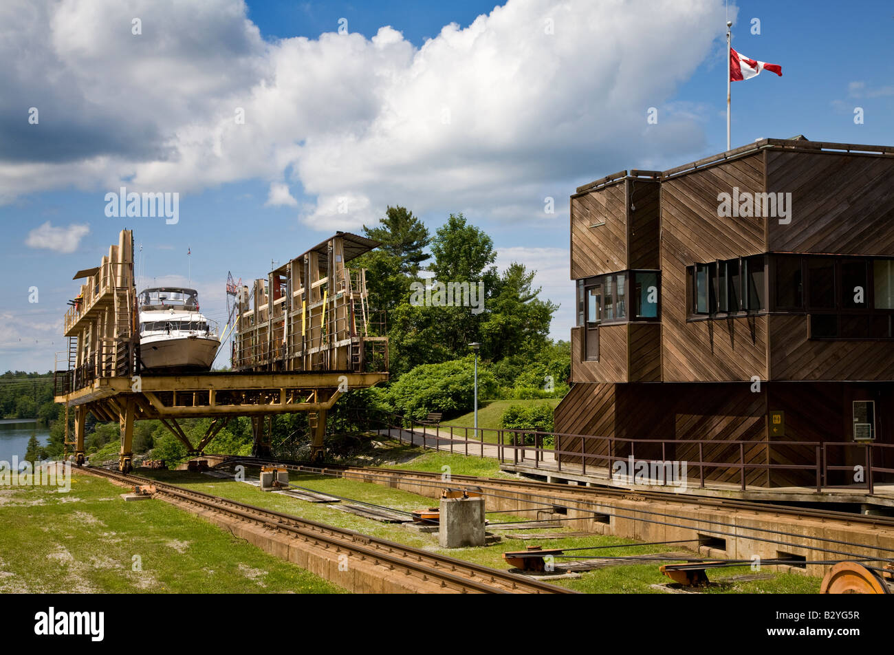 Marine railway boat carriage and control centre at Big Chute, Ontario ...