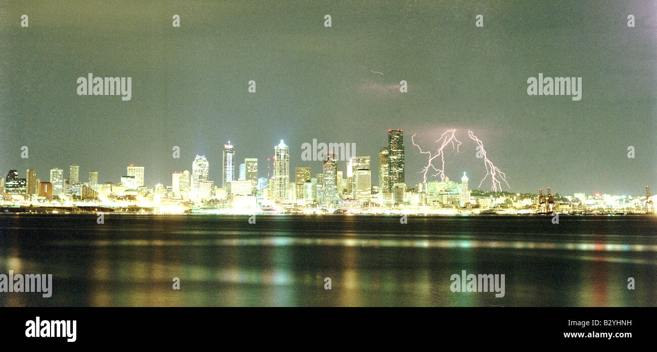 Seattle Washington Skyline and Elliott Bay Puget Sound with Lightning ...