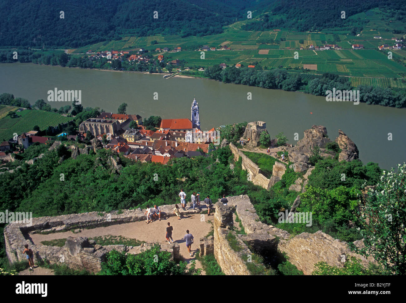 tourists, visiting, Durnstein Castle, Danube River, town of Durnstein ...