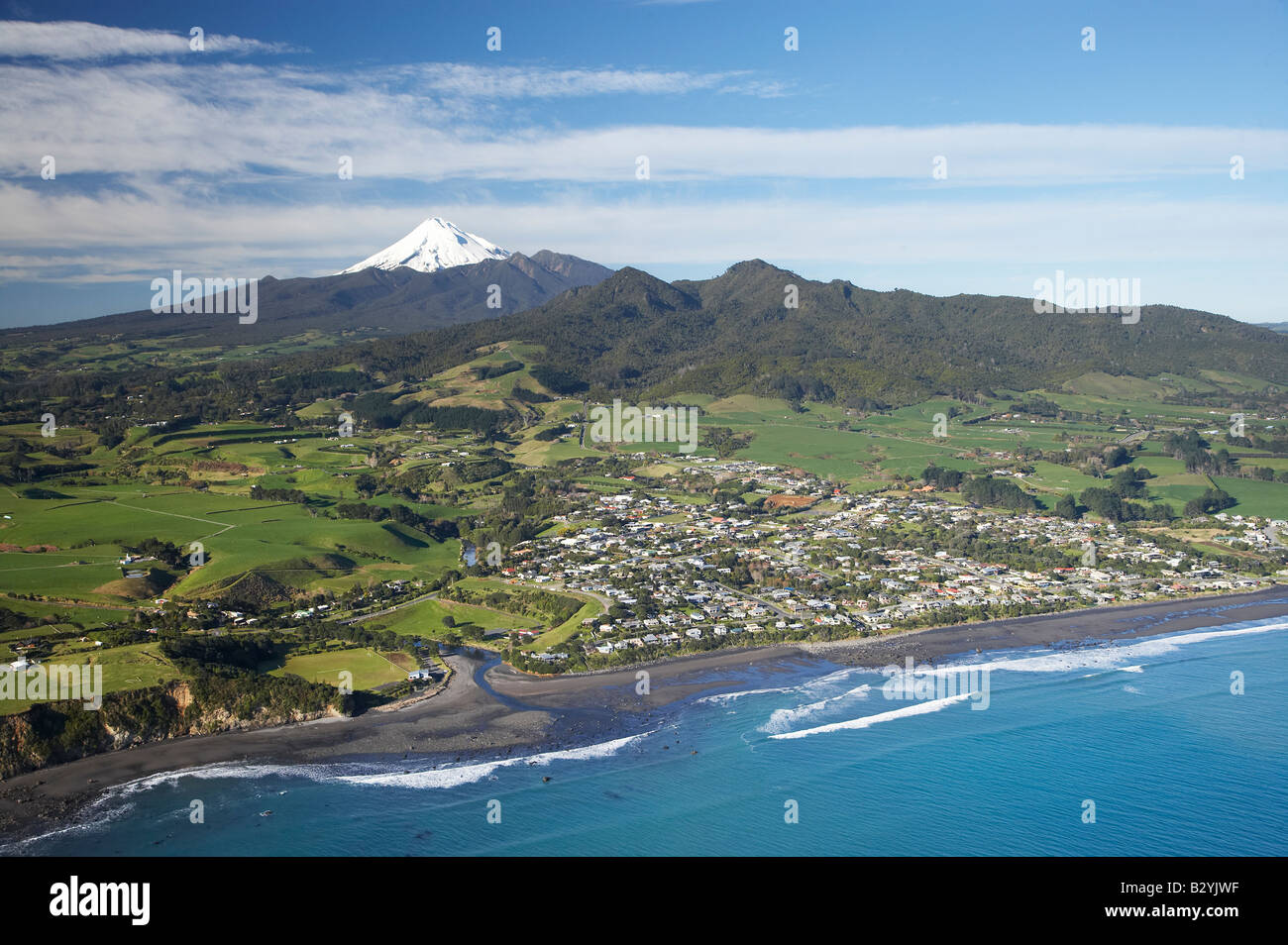 Taranaki Coastline at Oakura near New Plymouth Farmland and Mt Taranaki ...