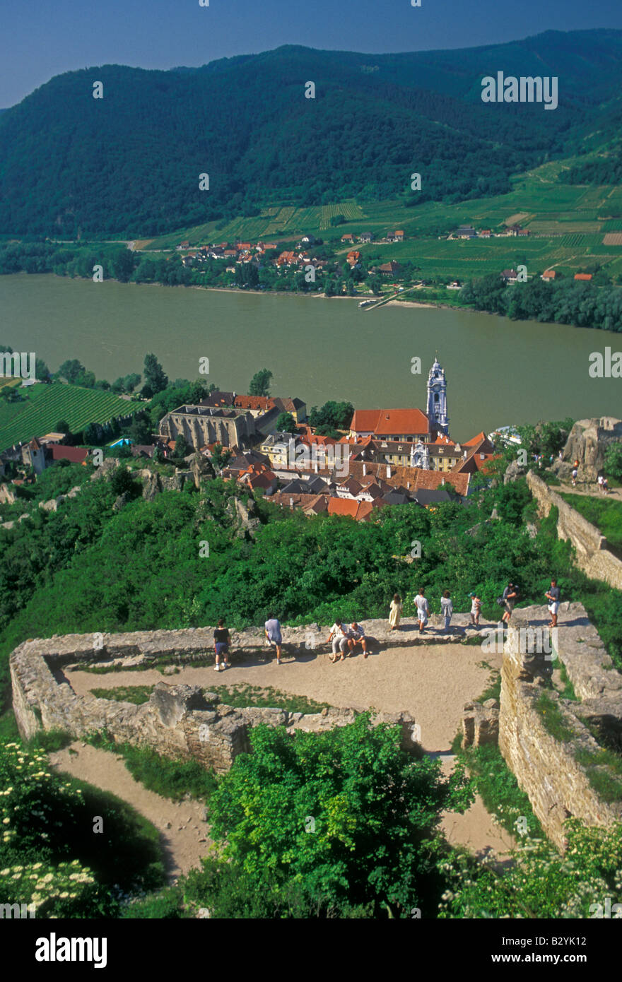 tourists, visiting, Durnstein Castle, Danube River, town of Durnstein ...