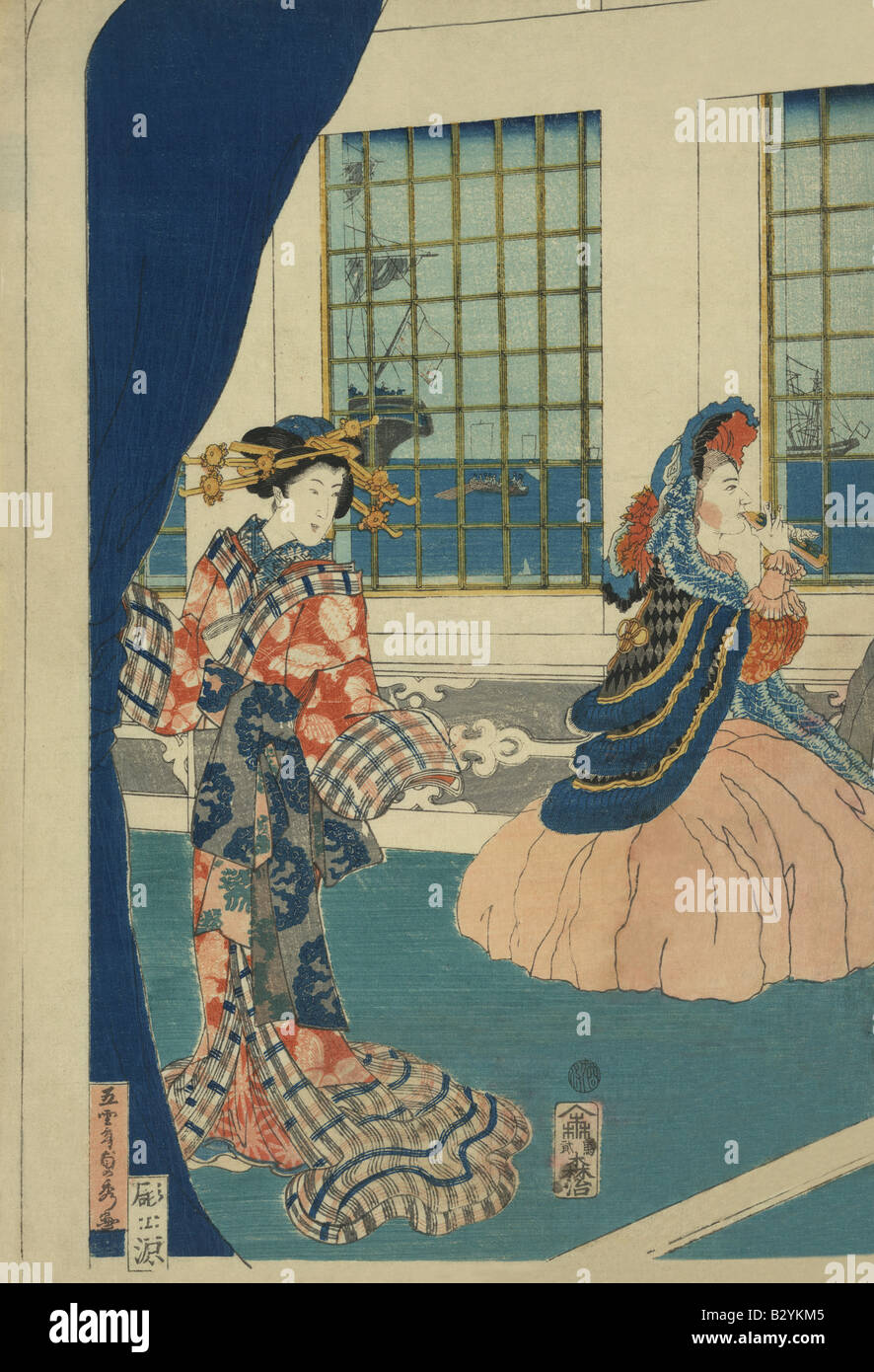 Courtesans in a western-style building of Yokohama (Yokohama no yokan ...