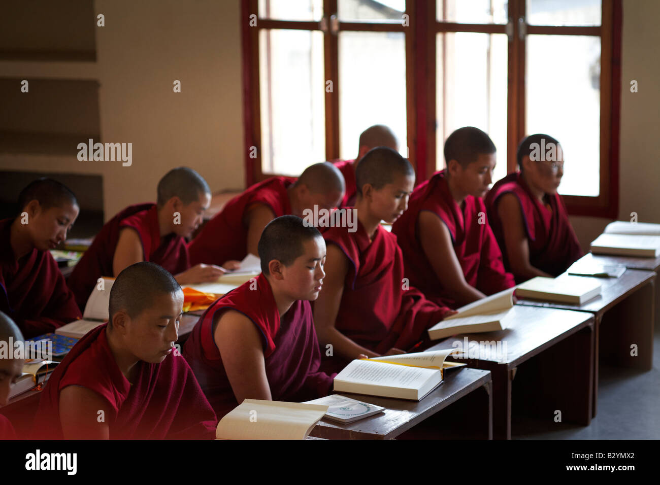 A classroom of Tibetan Buddhist nuns reading their scriptures at the ...