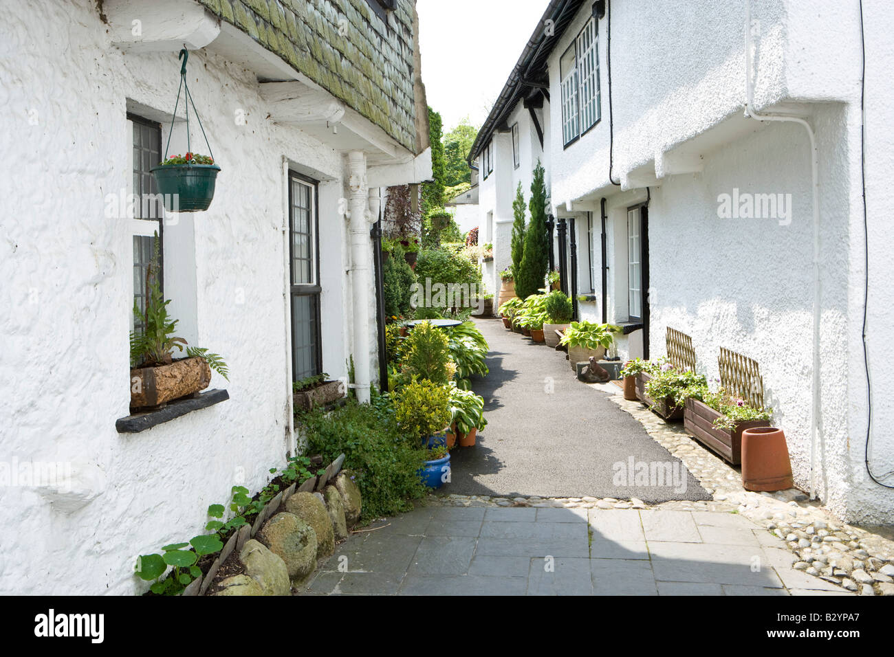 a narrow street with lots of container plants in Hawkshead village ...