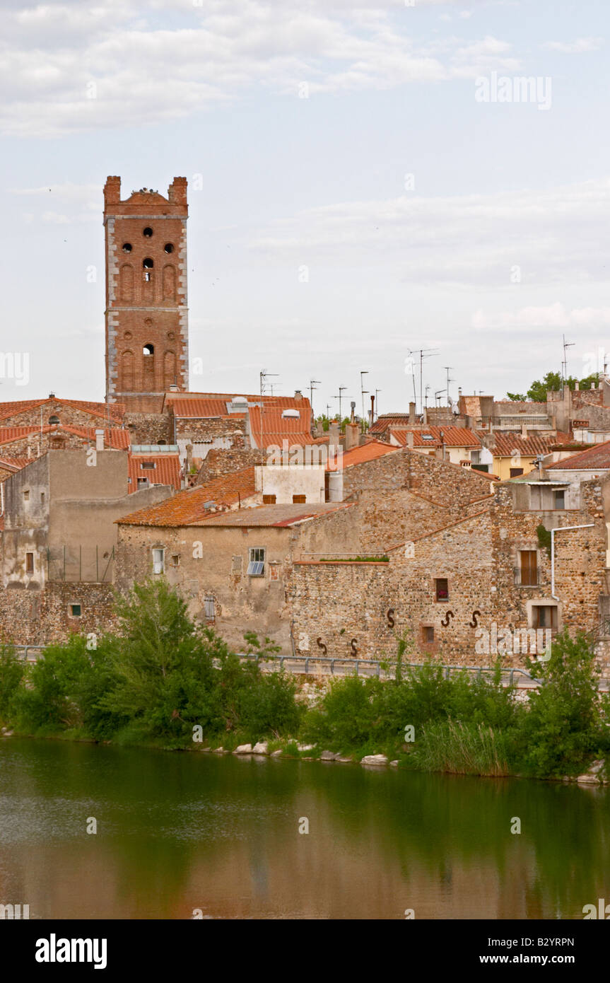 The village on the Agly river. Church tower. Rivesaltes town ...
