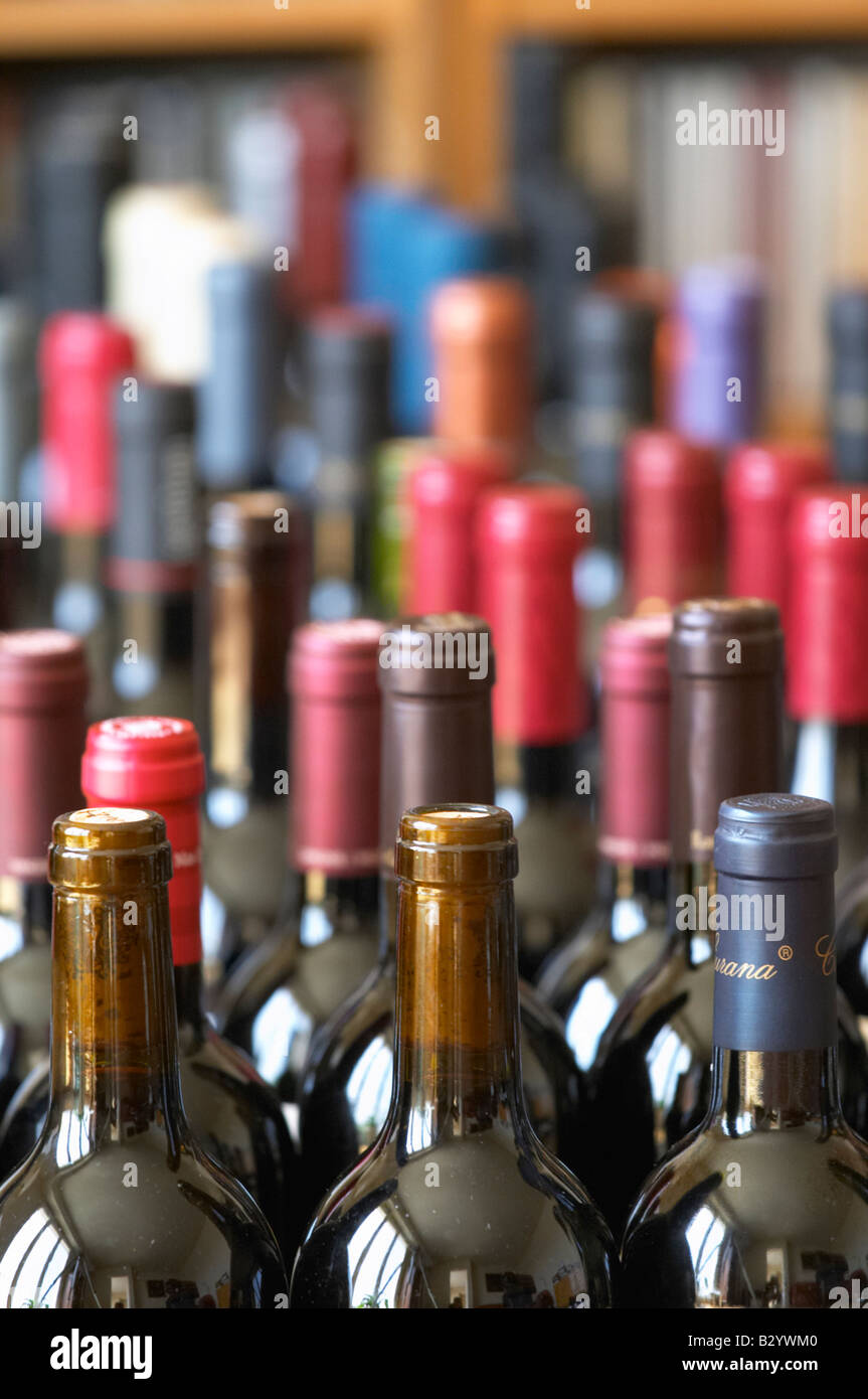 Many bottles and bottle necks in preparation for a large winetasting ...