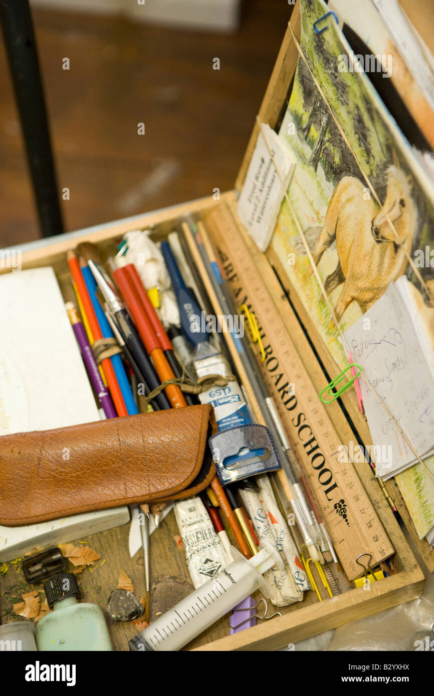 an artists toolbox with various brushes and pencils Stock Photo - Alamy