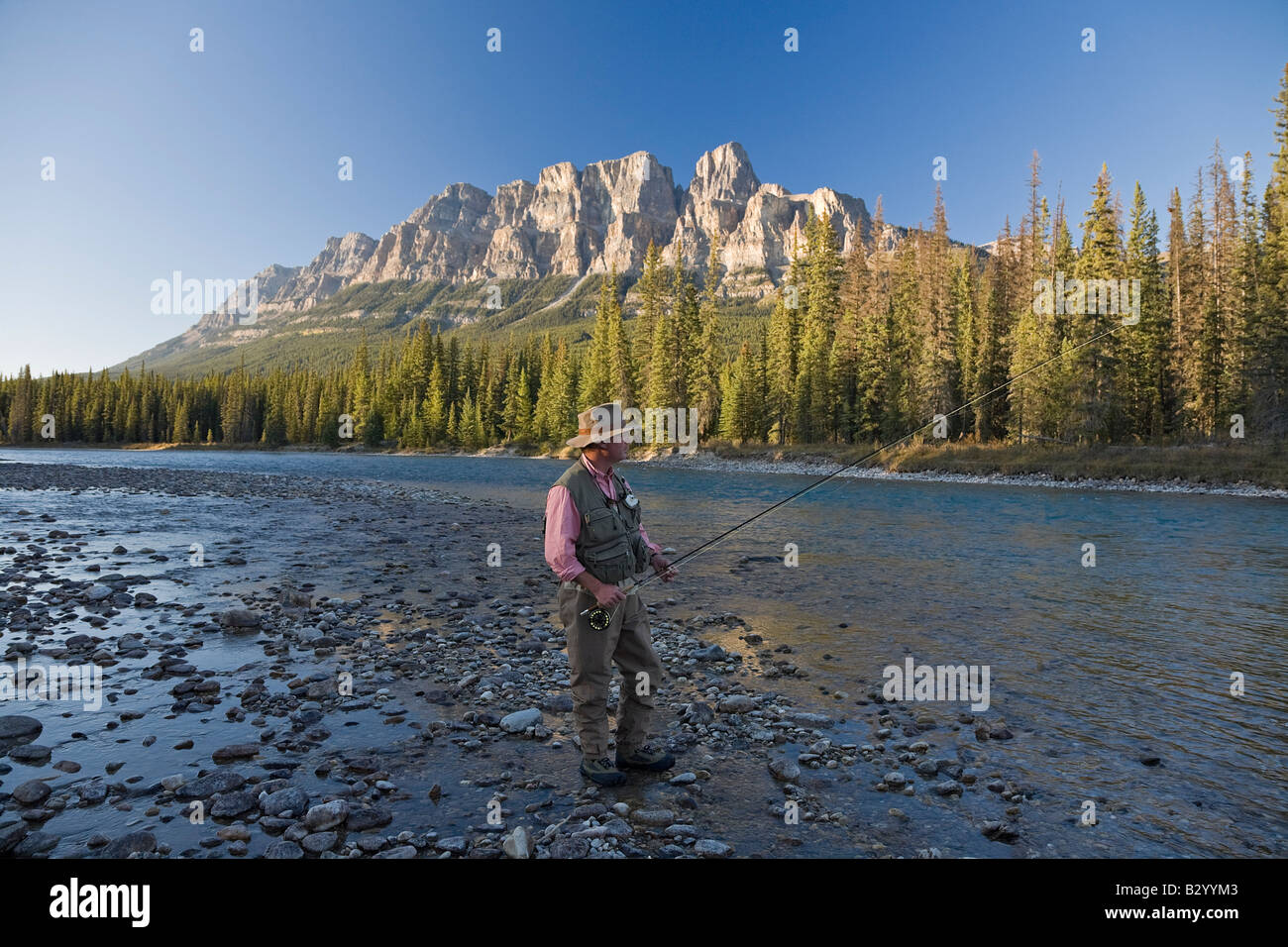 Man Fishing in Mountain River, Banff National Park, Alberta, Canada ...