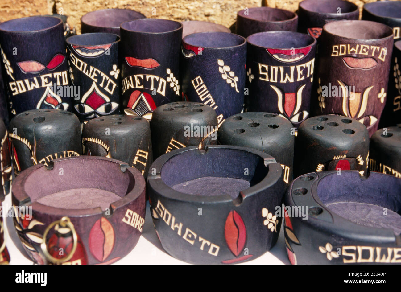 Street stall selling handcrafted wooden souvenirs, close up detail ...
