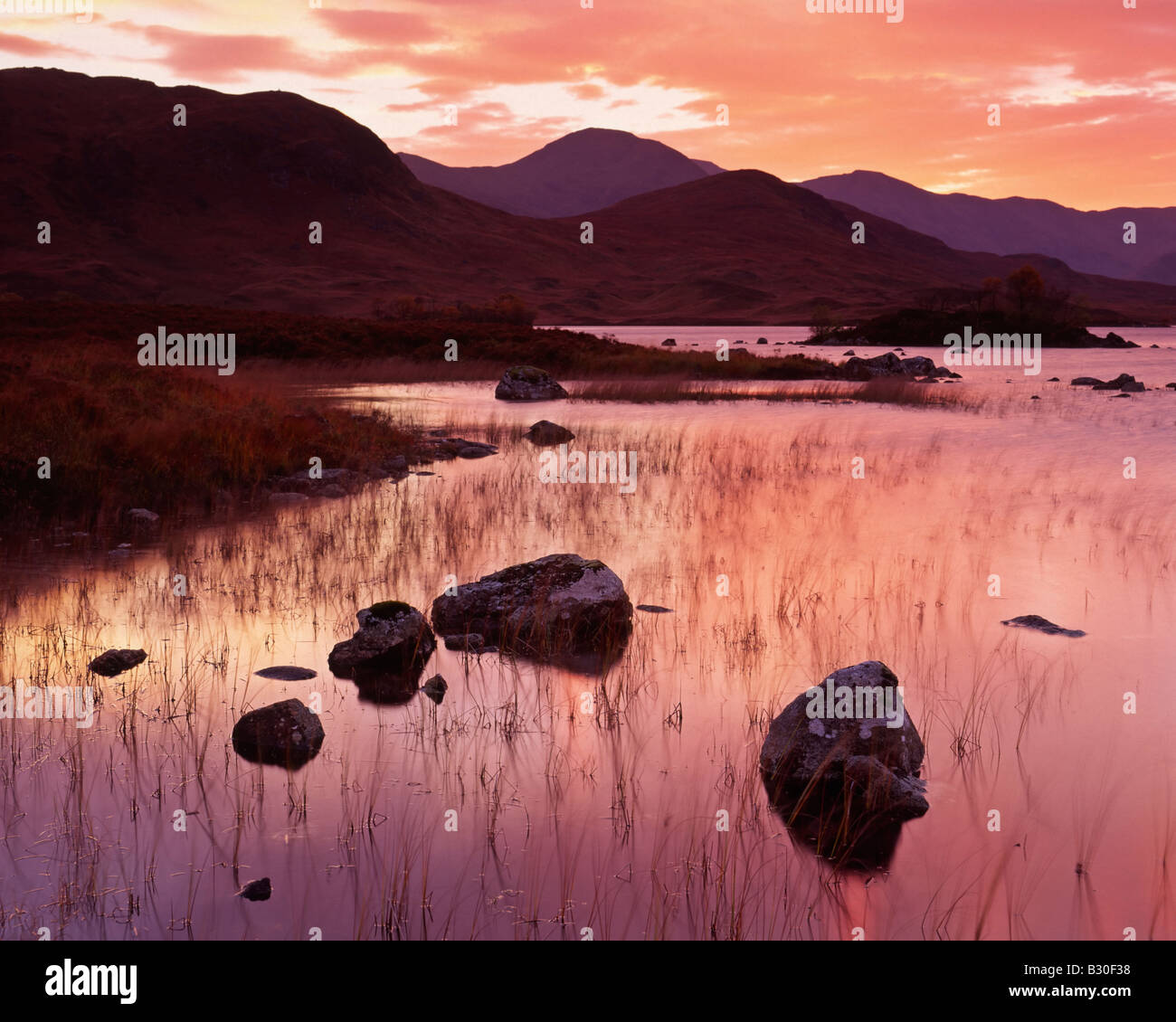 Sunset over Lochan na h Achlaise near Rannoch Moor in the Scottish ...