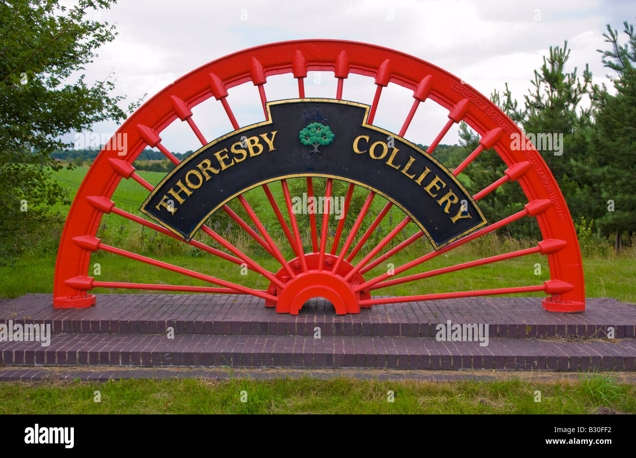 Pit wheel at entrance to Thoresby Colliery near village of Edwinstowe ...