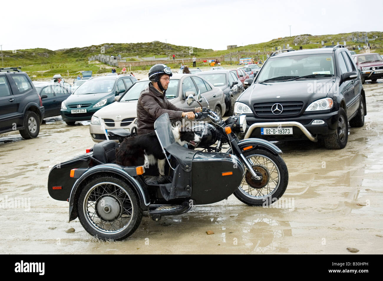 Motorbike and sidecar with dog as a passenger at the Omey Races, near ...
