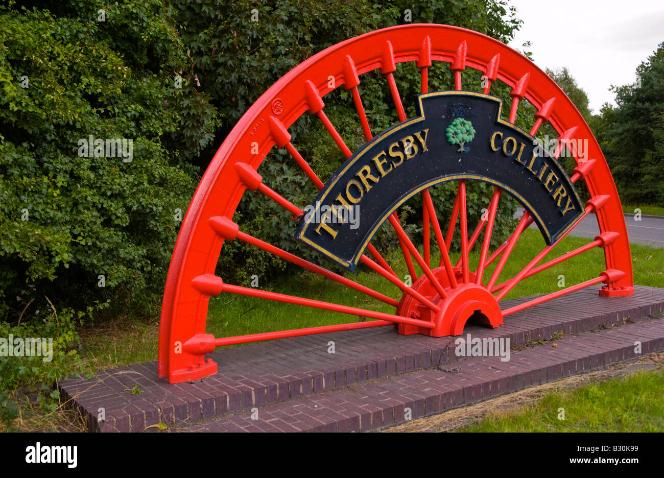 Pit wheel at entrance to Thoresby Colliery near village of Edwinstowe ...