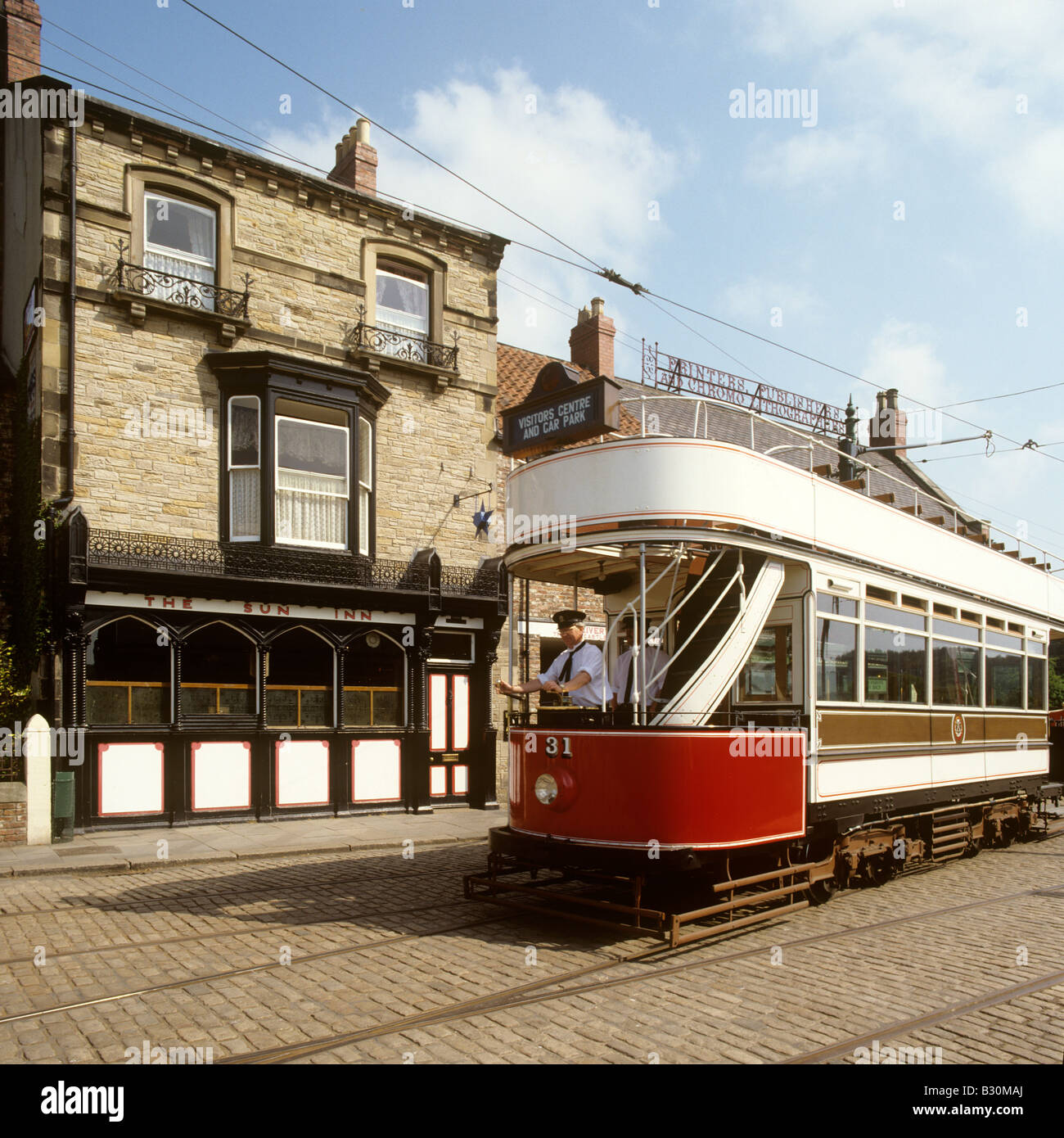 UK England County Durham Beamish Open Air Museum tram waiting outside ...