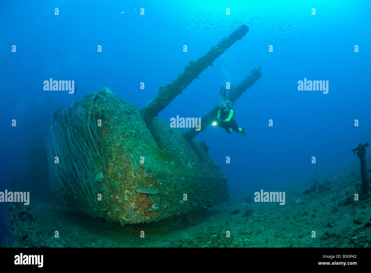 Diver and Twin 8 inch 55 caliber Gun on USS Saratoga Marshall Islands ...