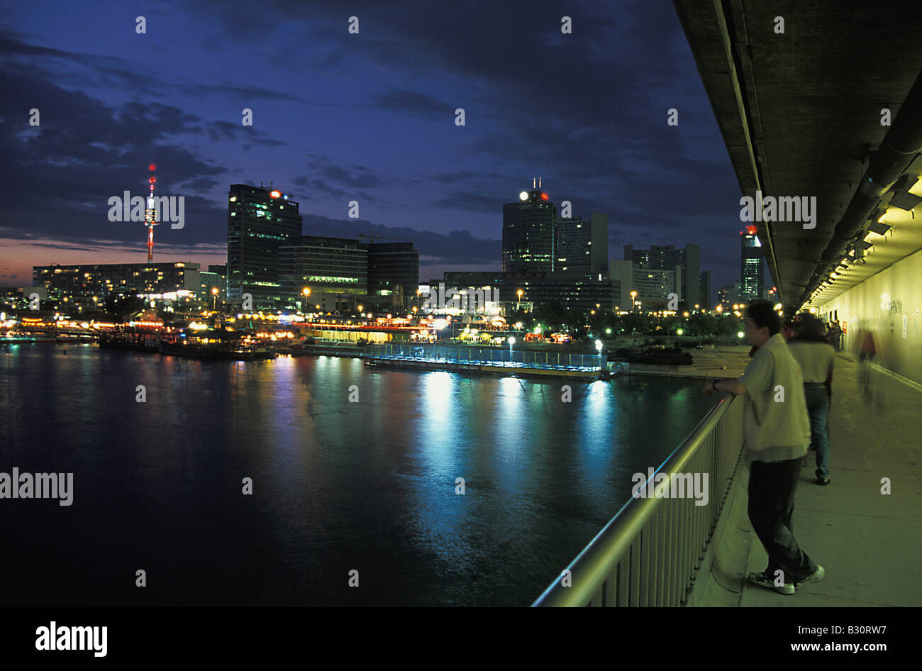 view of New Danube City in the evening from Reichs Bridge Stock Photo ...