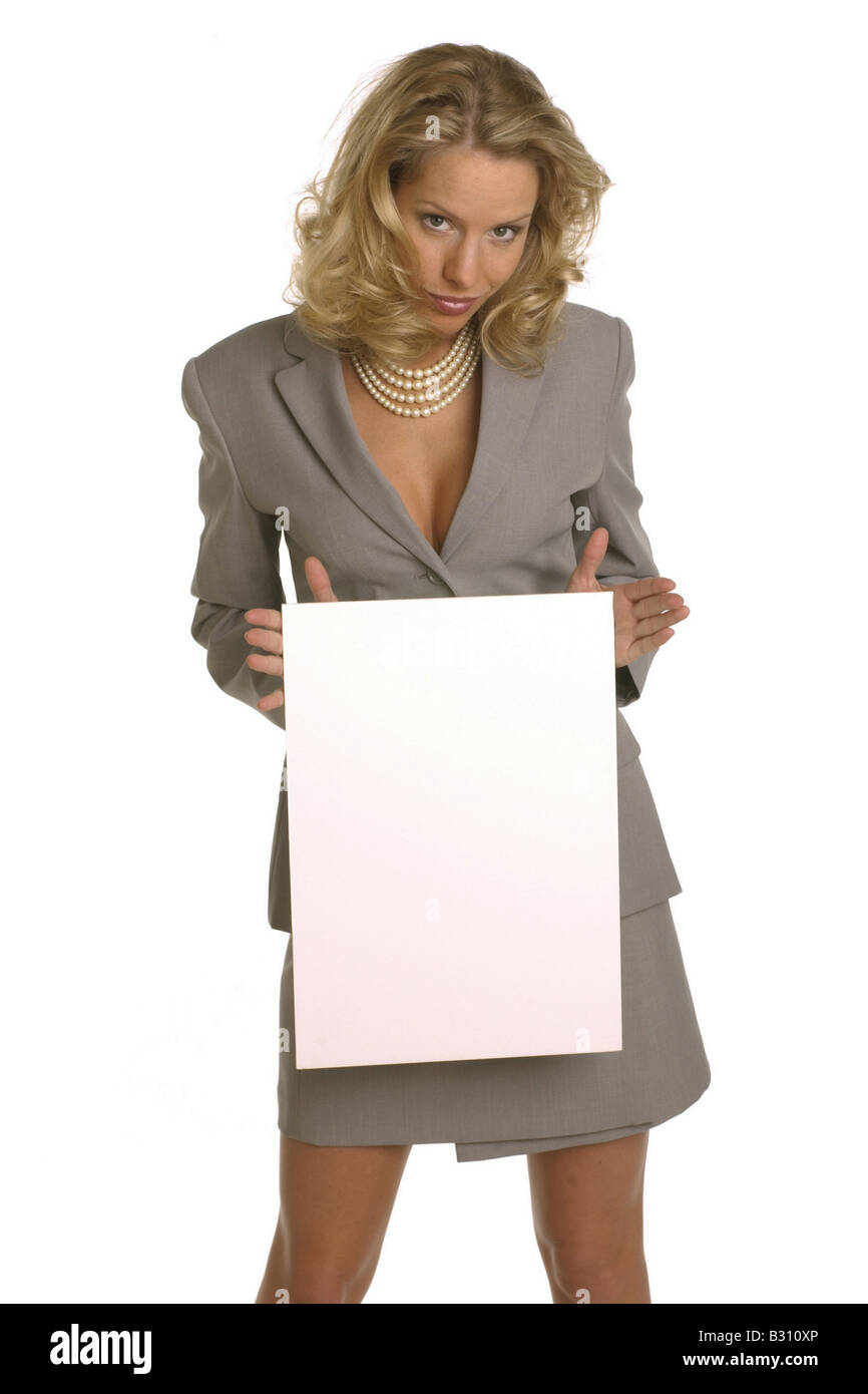 businesswoman presenting a sign Stock Photo - Alamy