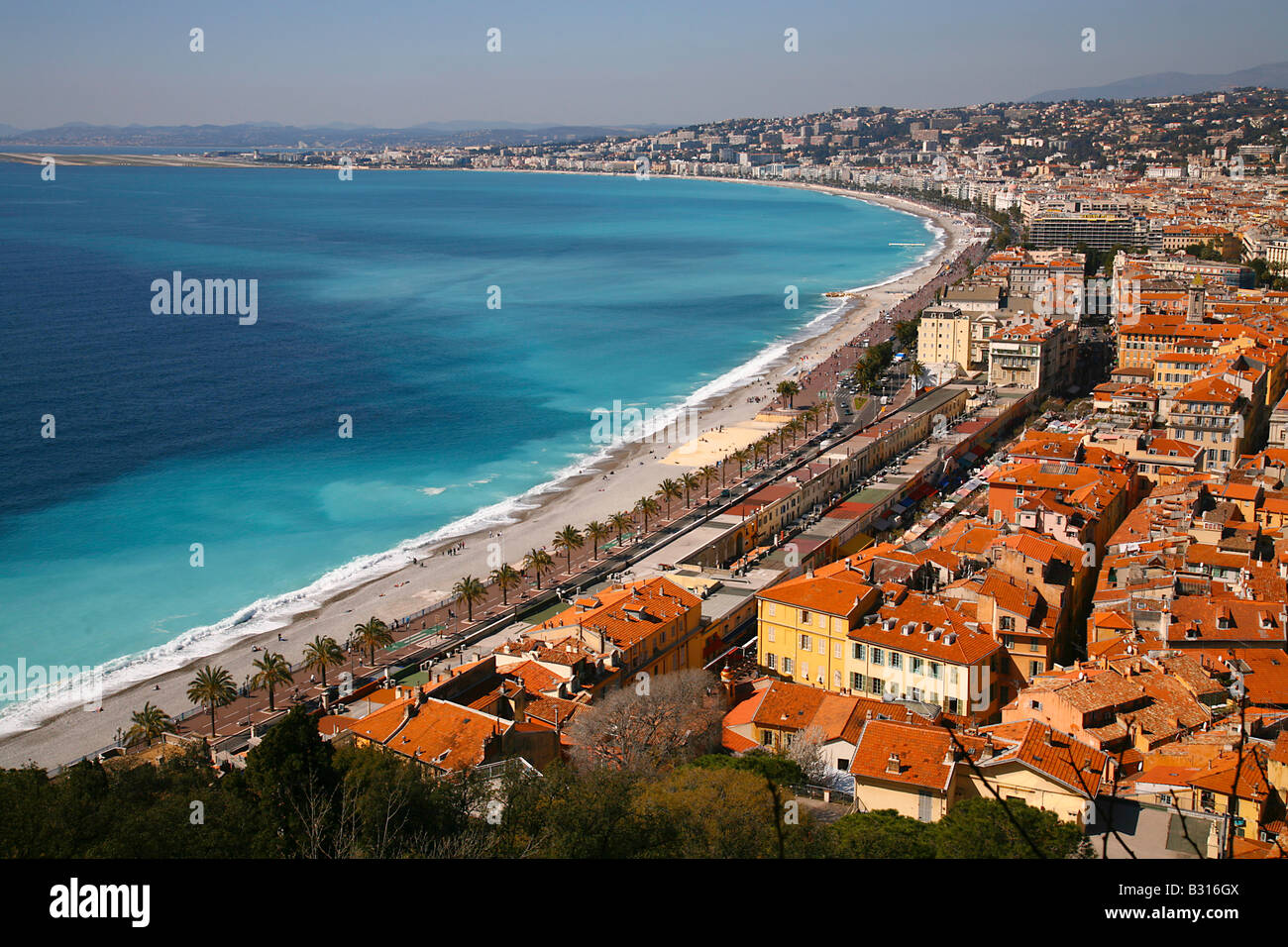 View over the beach and waterfront area of Nice, Cote d'Azur, France ...