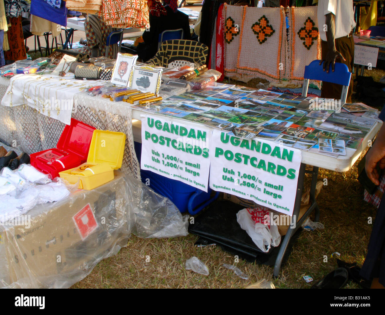 Postcards and other souvenirs for sale at a bazaar in Kampala, Uganda ...