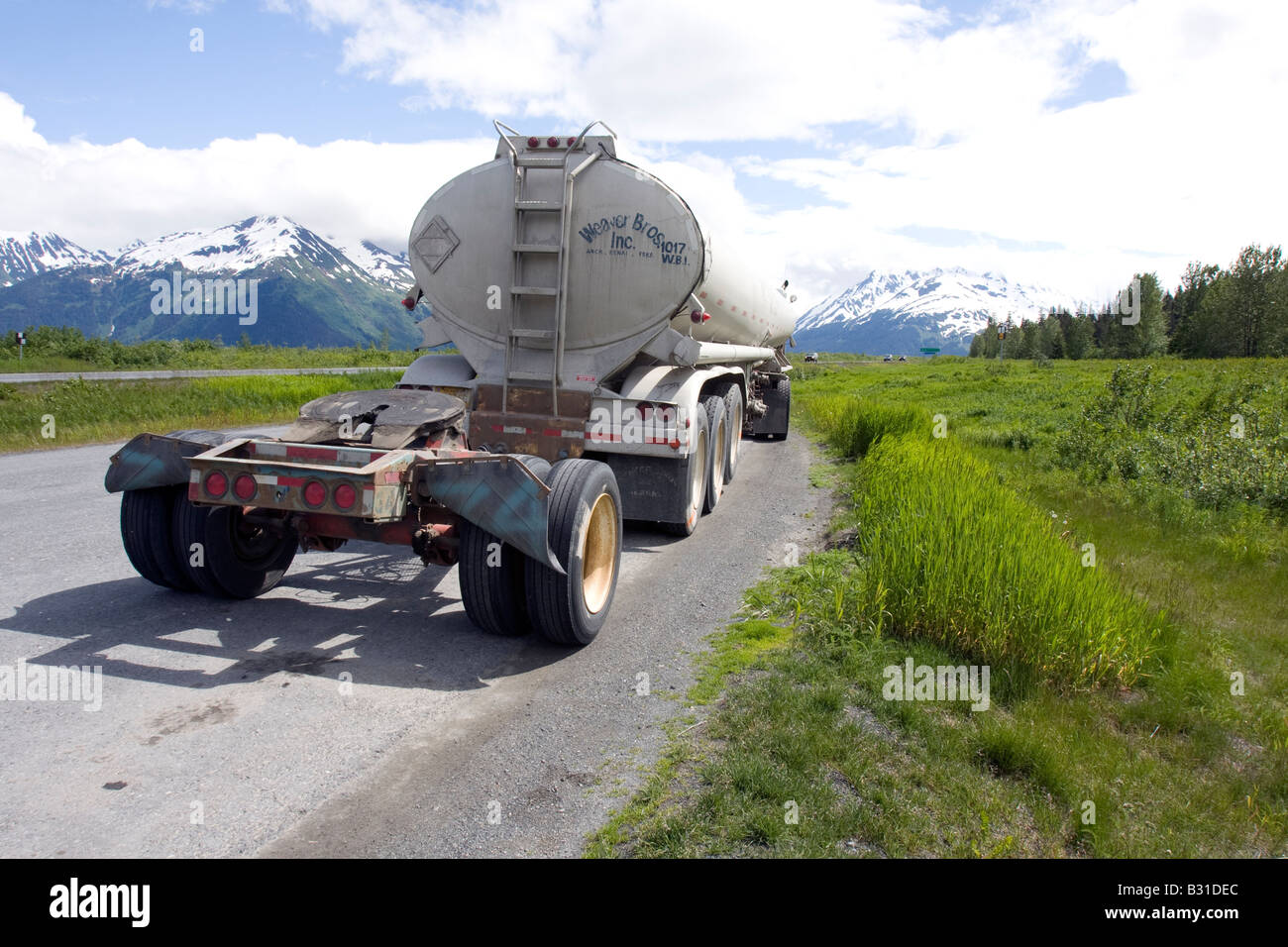 Long tank truck on a parking place along a road in Alaska Stock Photo ...