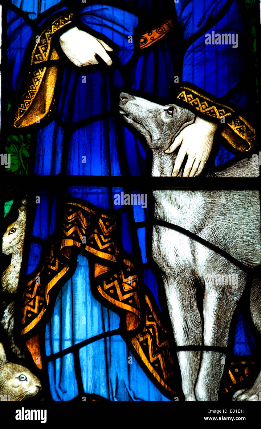 Stained glass depicting a hunting dog and rabbits from the Wulviva ...