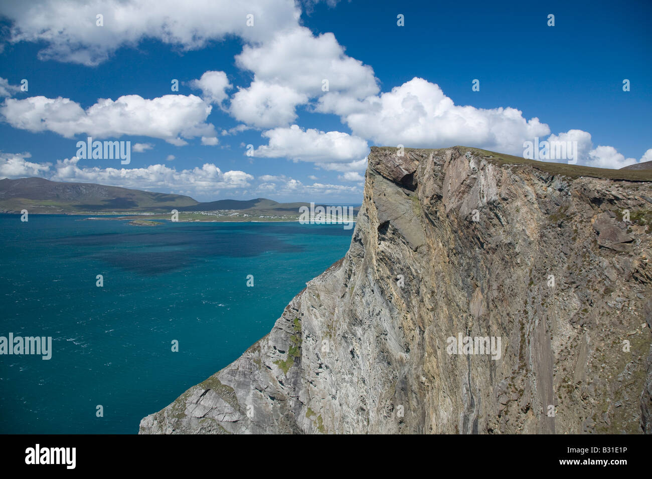 The Menawn Cliffs rising above Keel Bay. Achill Island, County Mayo ...