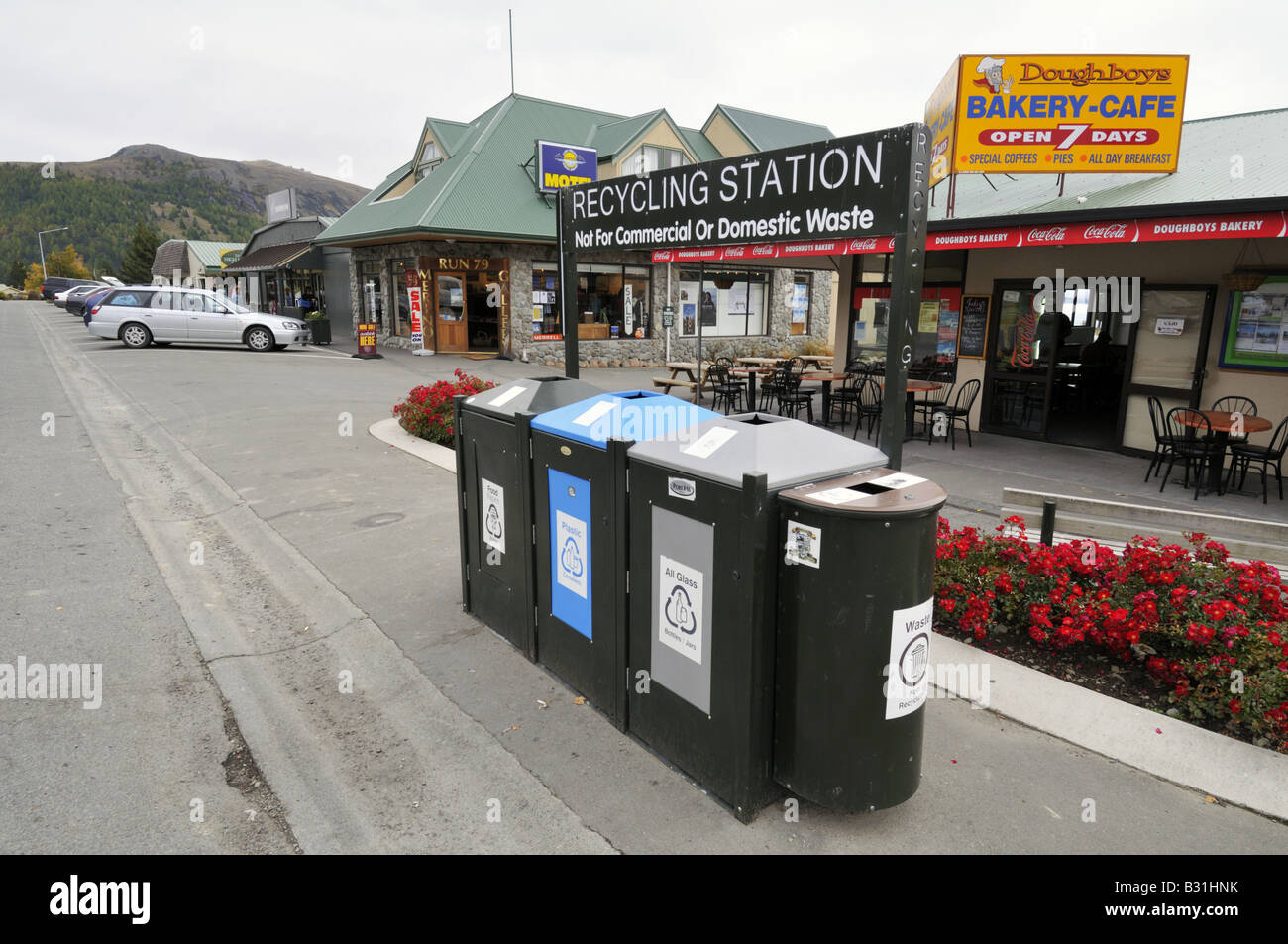Recycling station and shops on the main street of Tekapo, New Zealand ...