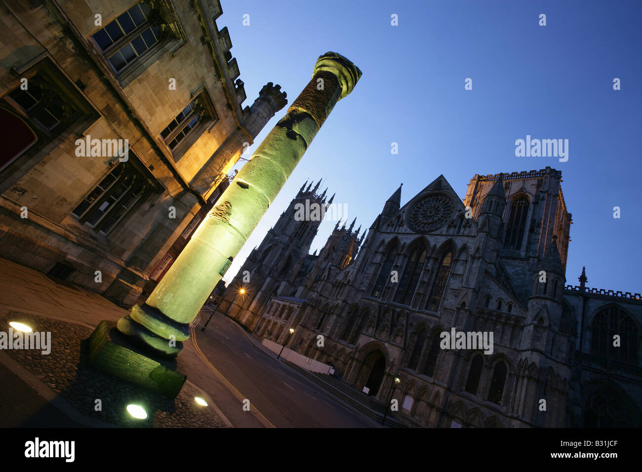City of York, England. Night view of excavated Roman column and the ...