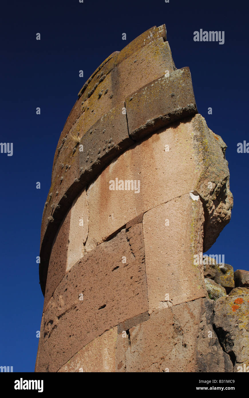 Peru, Aacient funerary tower (or chullpas) of Sillustani on the rolling ...