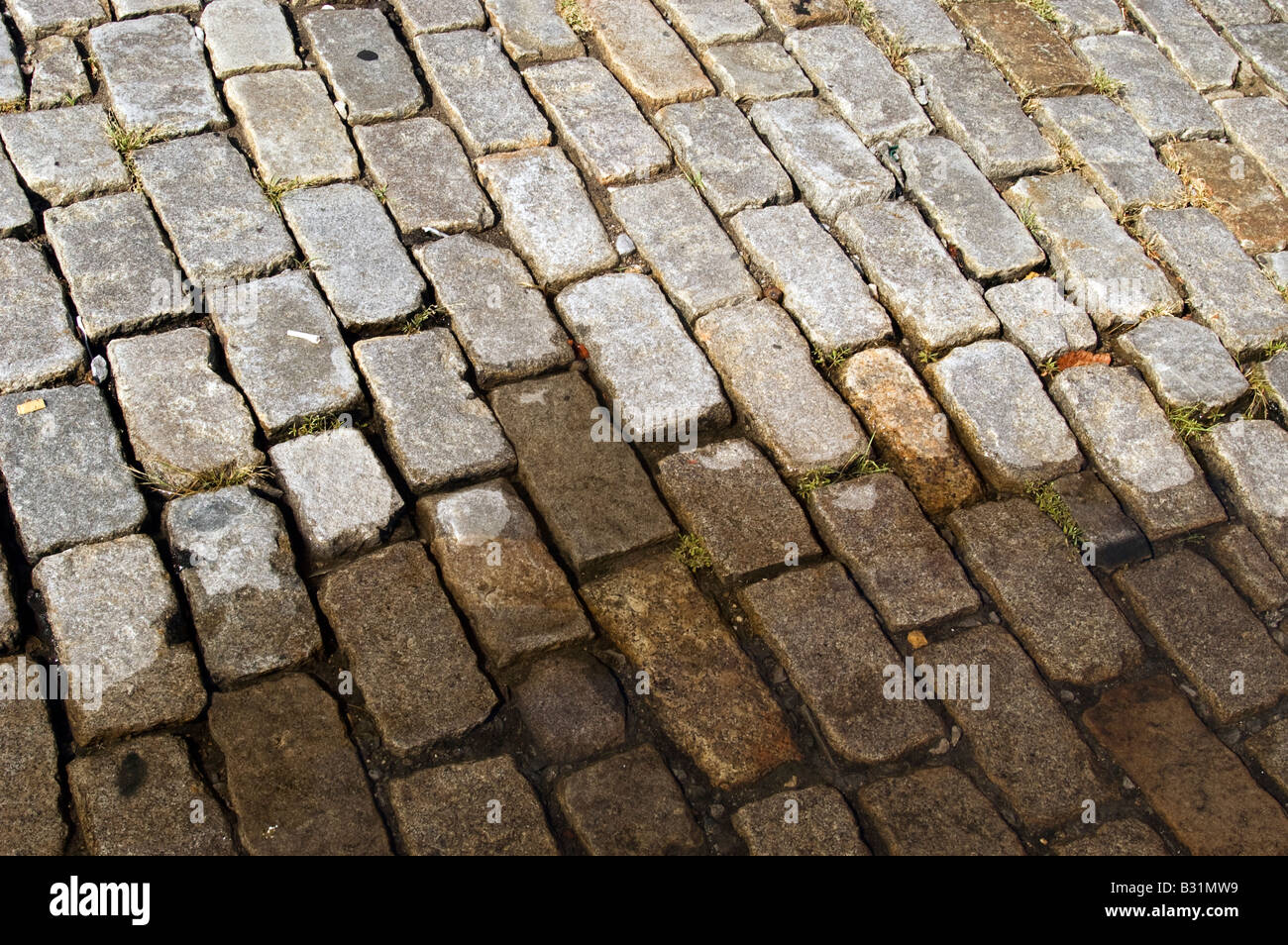 A detail of a street in Lower Manhattan in New York paved with Belgian ...