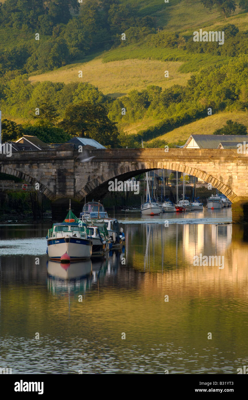 Dawn over the river Dart at Totnes bridge on a Summer morning Devon UK ...