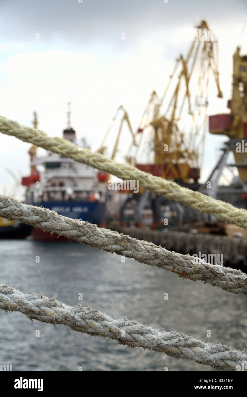 View at the harbour trough sailing ropes, Odessa, Ukraine Stock Photo ...