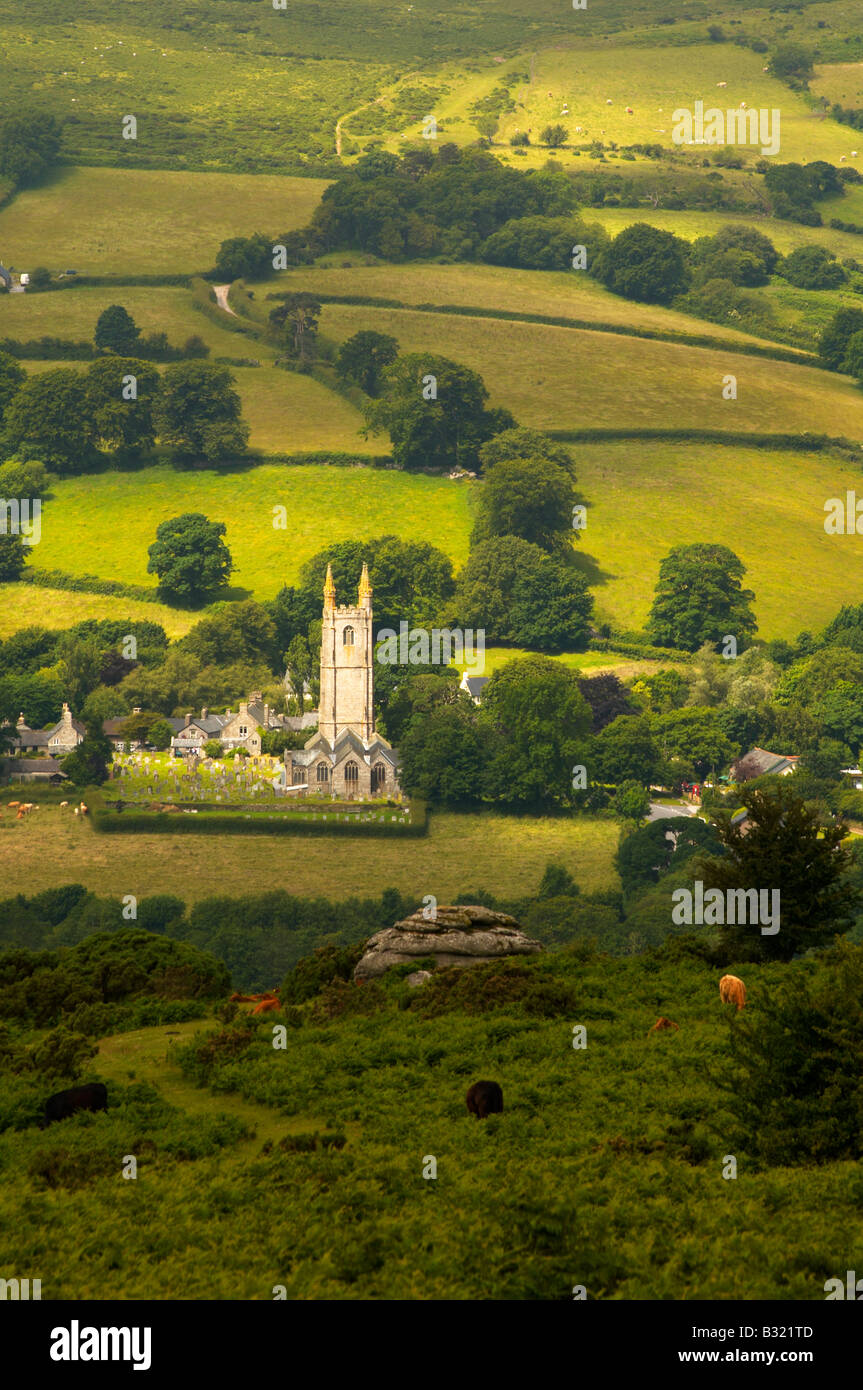 Widecombe church spotlit by the sun on a Summer afternoon Dartmoor ...