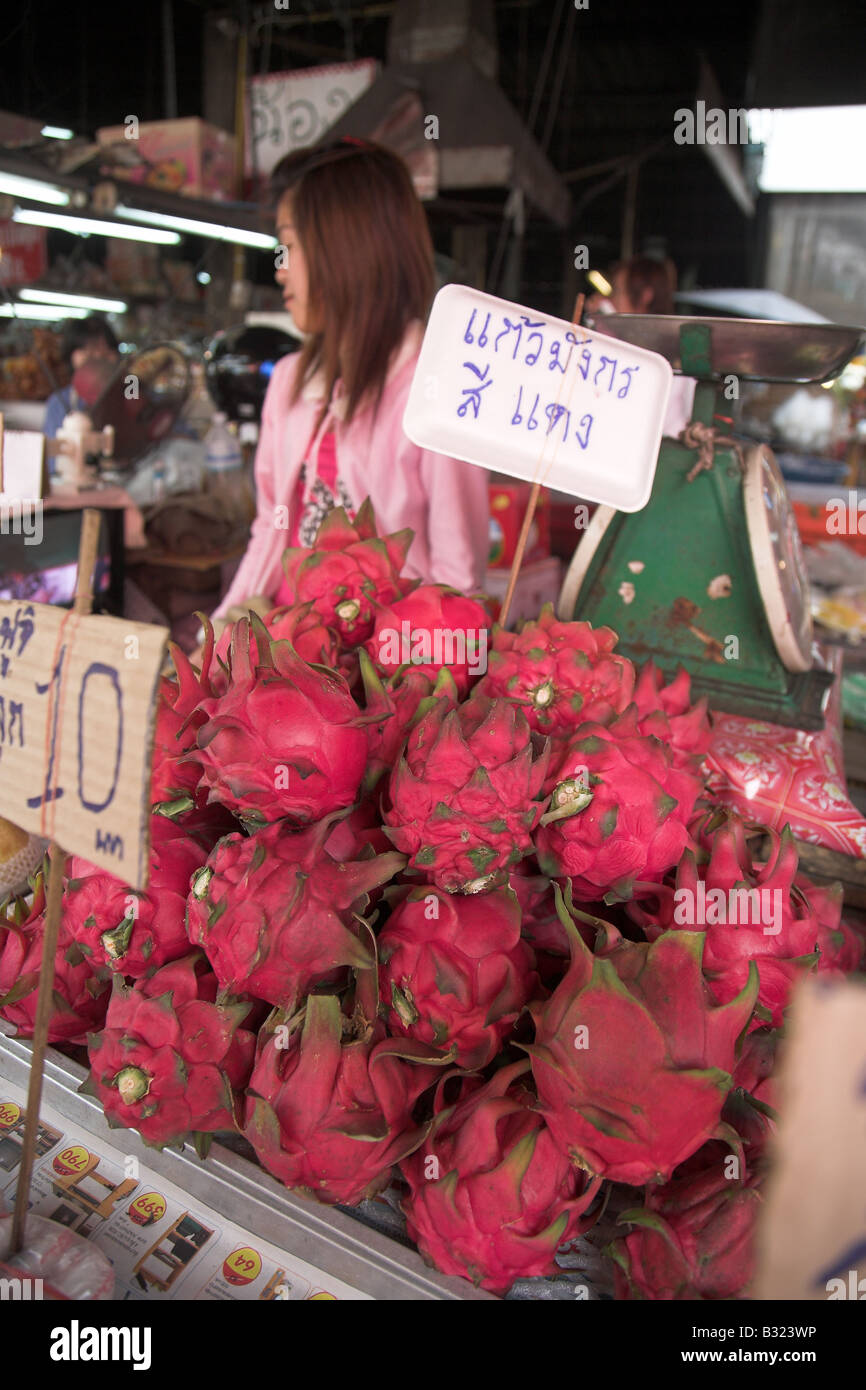 Dragon fruit on display in the local food market in Chaing Mai in ...